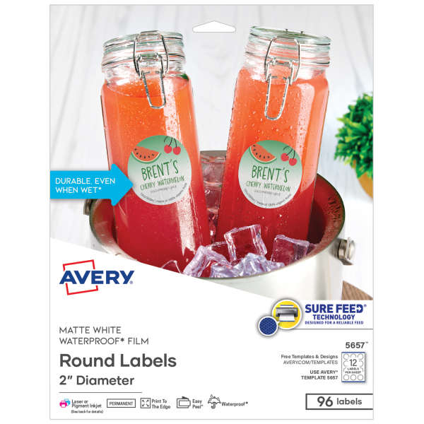 Avery® Durable Waterproof Labels with Sure Feed®, 2" Diameter, Matte White, Laser & Pigment ...